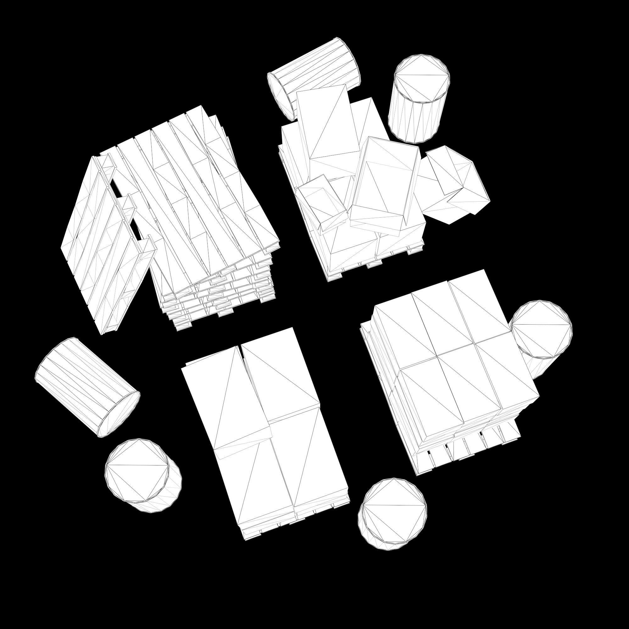 3D model Set of different materials boxes pallets blocks barrels VR ...