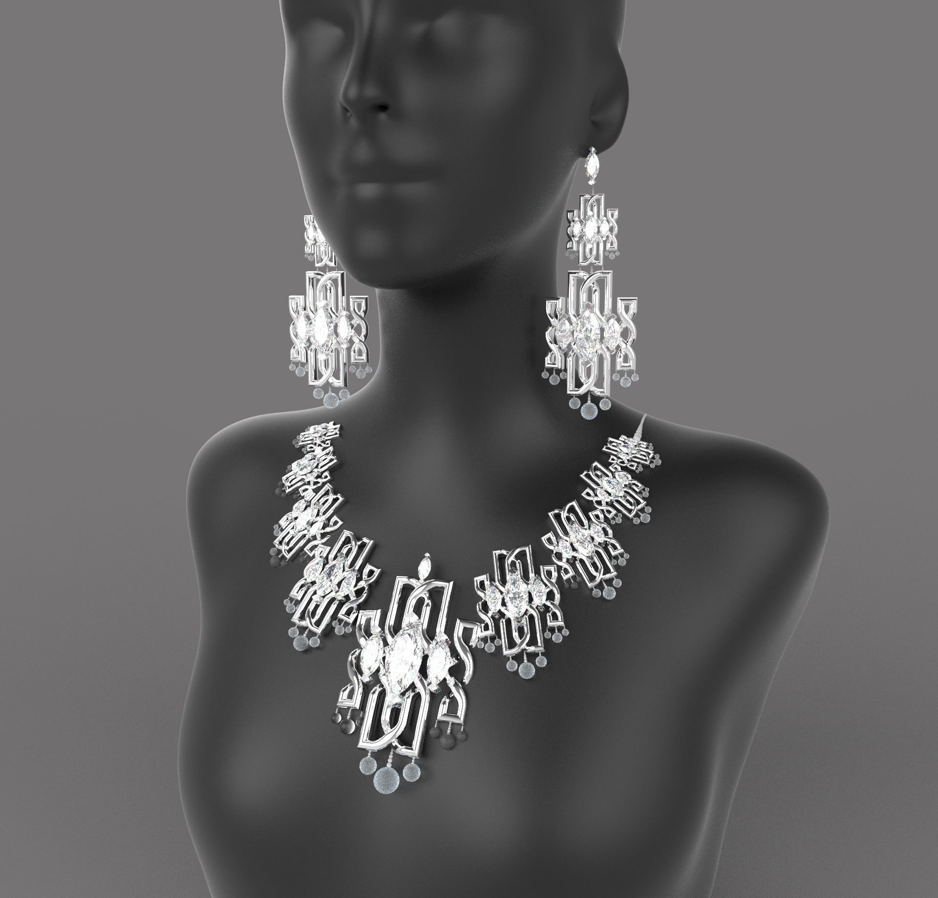 jwellery gold necklace and earrings set on mannequin 3D model | CGTrader