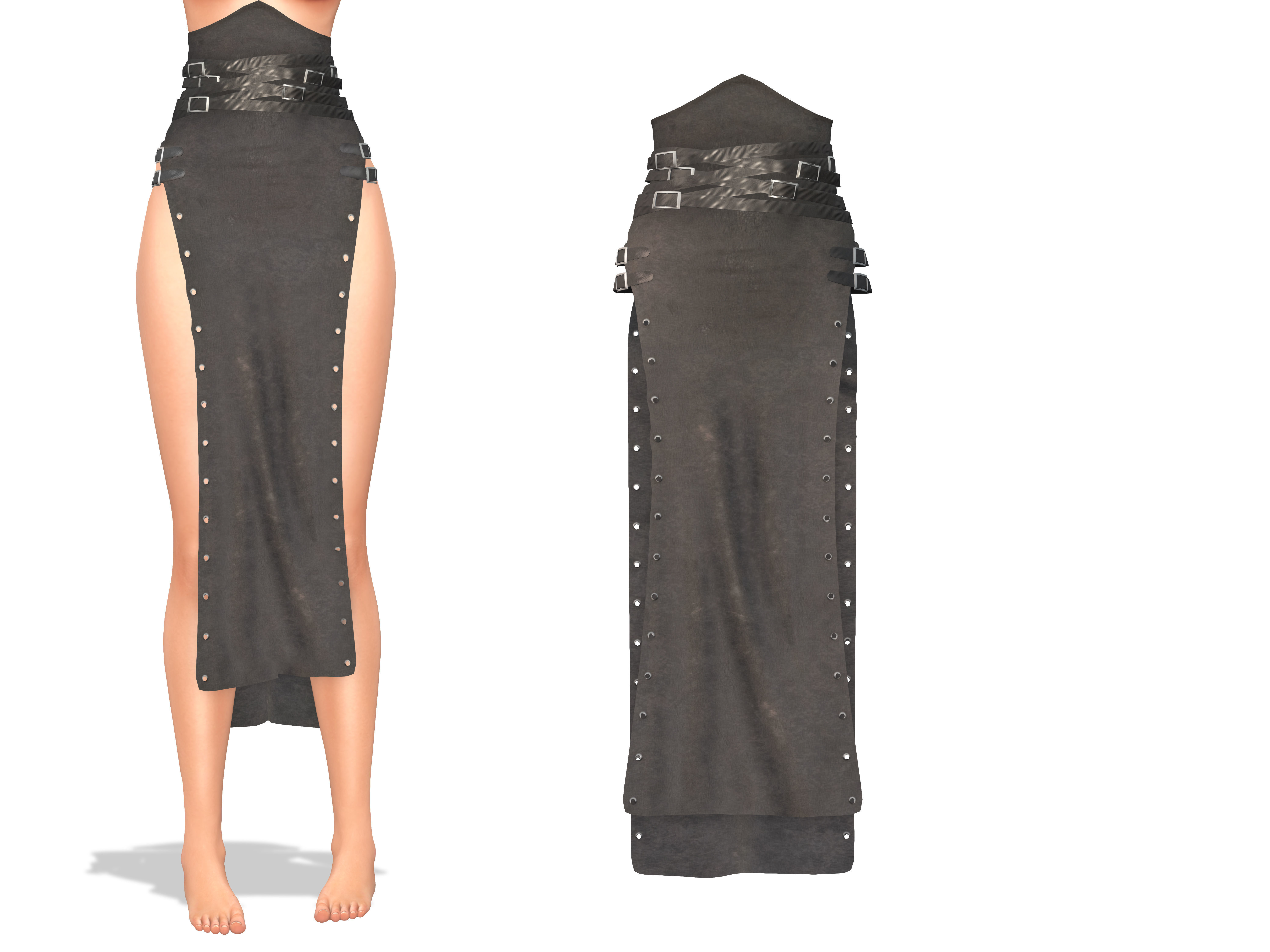 3D model Belts Straps Decorated Double Front Slit Loincloth Long Skirt ...