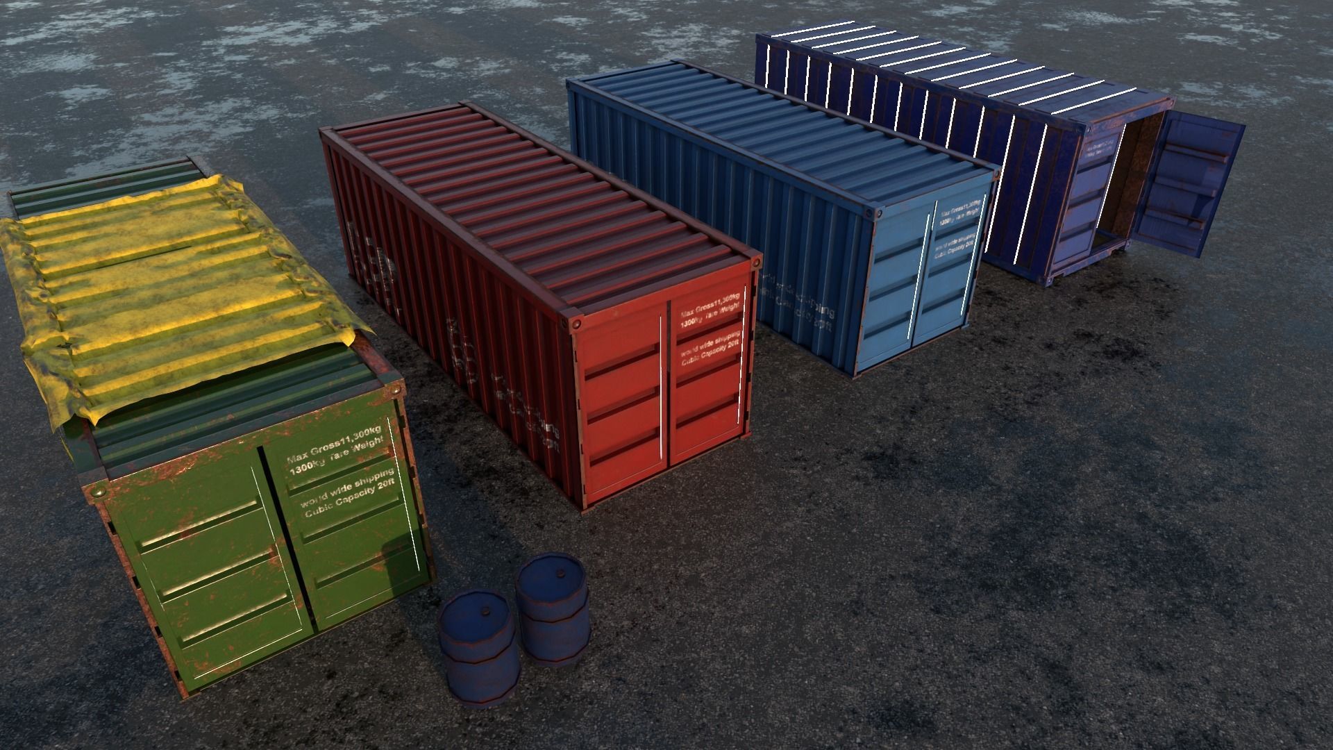 3D model ship container with barrells and floor VR / AR / low-poly ...