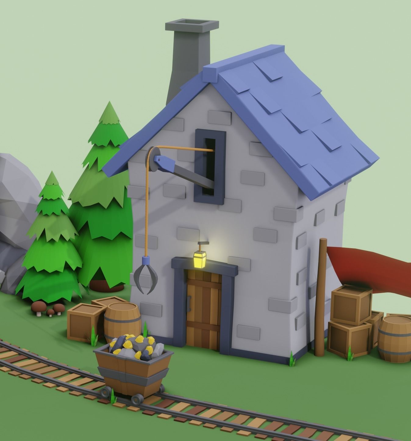 3D model Low Poly Mine paper house and trees VR / AR / low-poly | CGTrader
