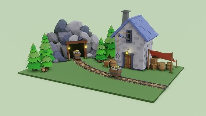 3D model Low Poly Mine paper house and trees VR / AR / low-poly | CGTrader