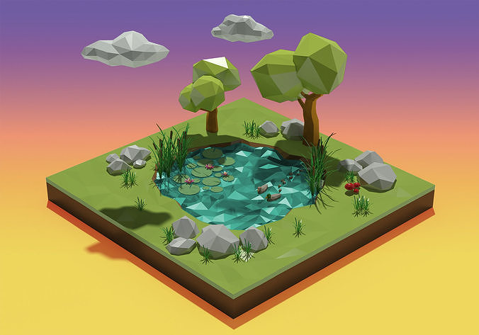 3D model Lake low poly island with trees and pond VR / AR / low-poly ...