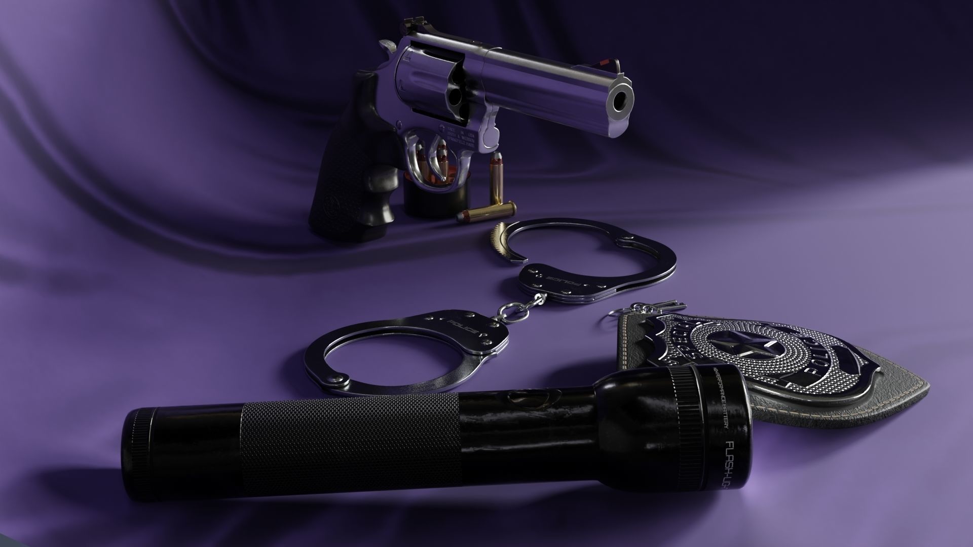 Detective Props Kit - Magnum Gun-Bullet-Police Badge-Handcuffs 3D model ...