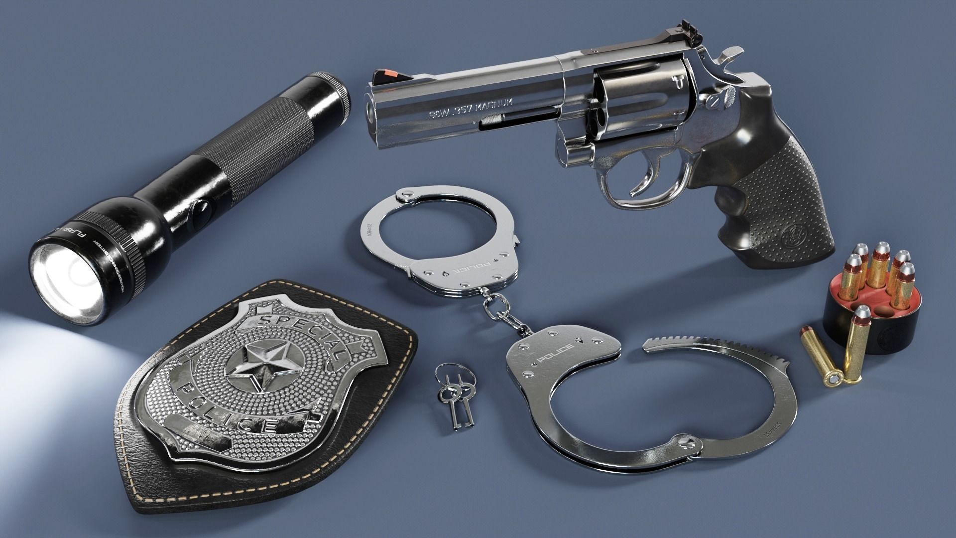 Detective Props Kit - Magnum Gun-Bullet-Police Badge-Handcuffs 3D model ...