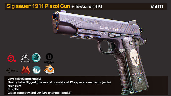 3D model Sig Sauer 1911 Pistol Gun is a game ready VR / AR / low-poly ...
