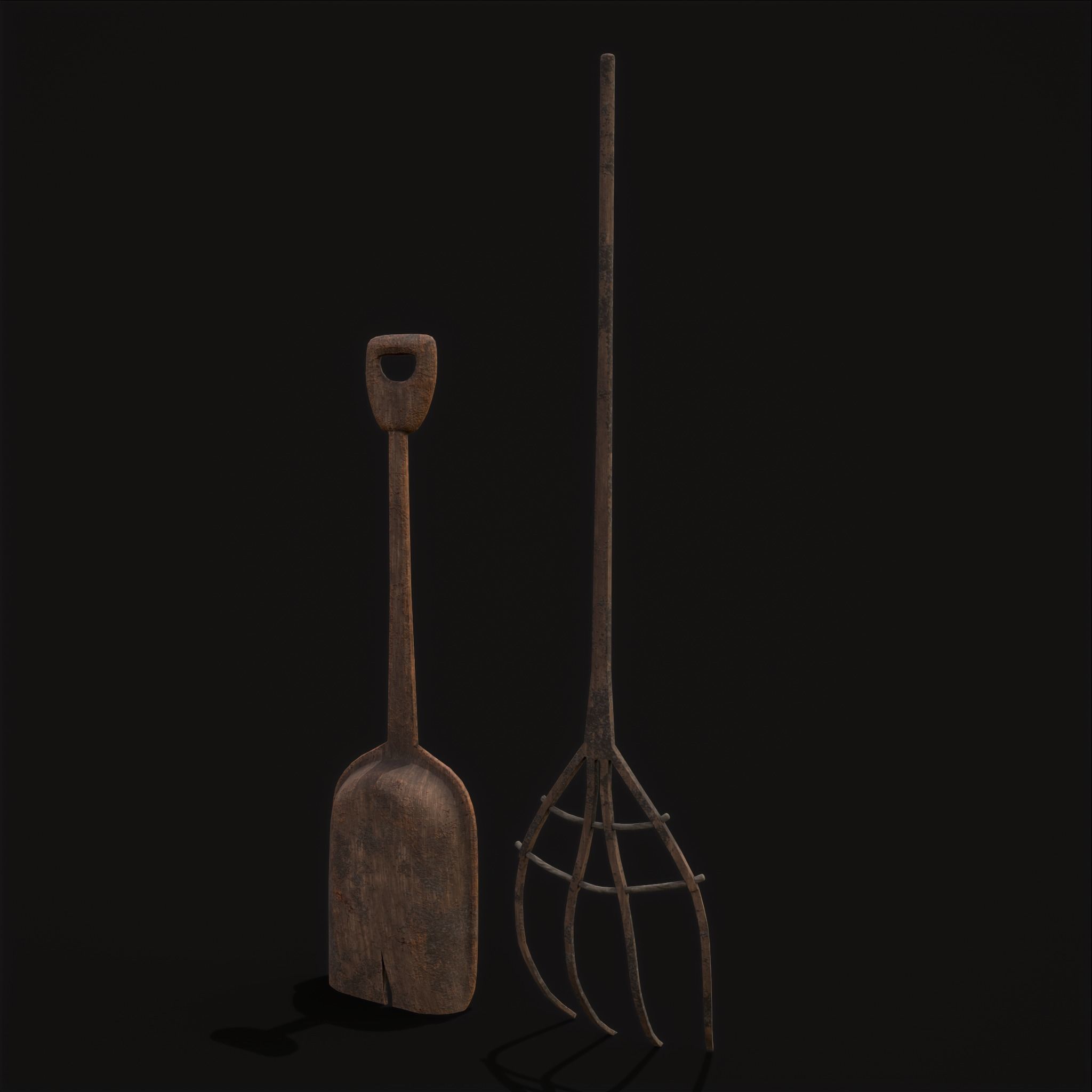 3D model Rustic Medieval Wooden Shovel and Rake VR / AR / low-poly ...