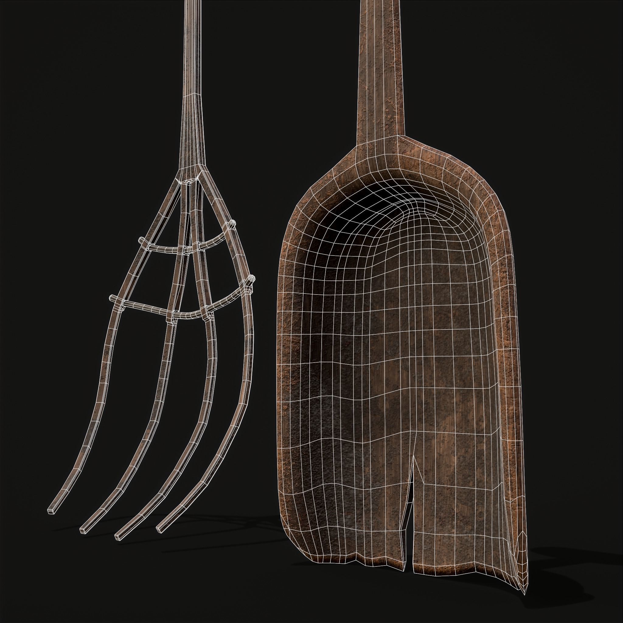 3D model Rustic Medieval Wooden Shovel and Rake VR / AR / low-poly ...