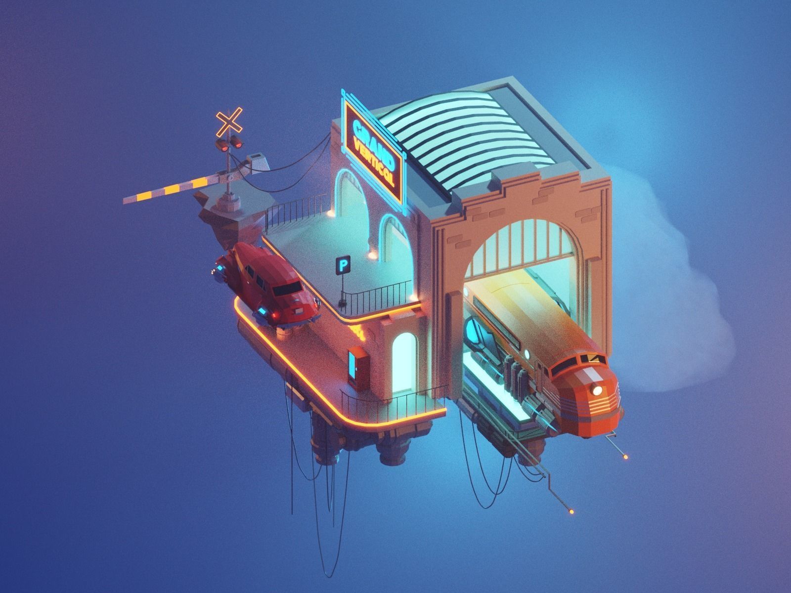 Cartoon Cloud Train Station scene 3D model | CGTrader