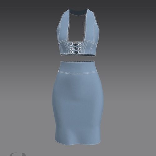 DENIM FABRIC BLUE BLOUSE AND SKIRT TWO PIECES 3D model | CGTrader