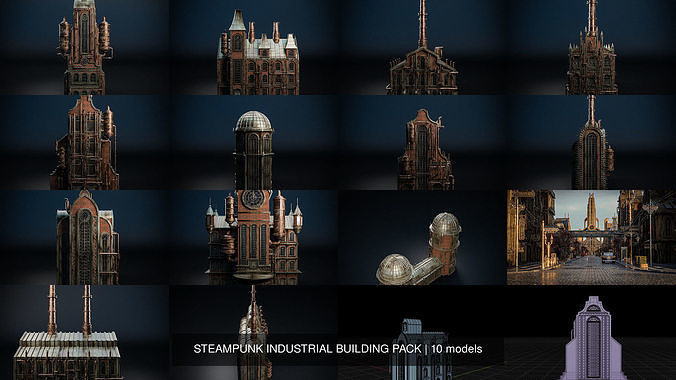 3D Model Collection STEAMPUNK INDUSTRIAL BUILDING PACK VR / AR / low ...