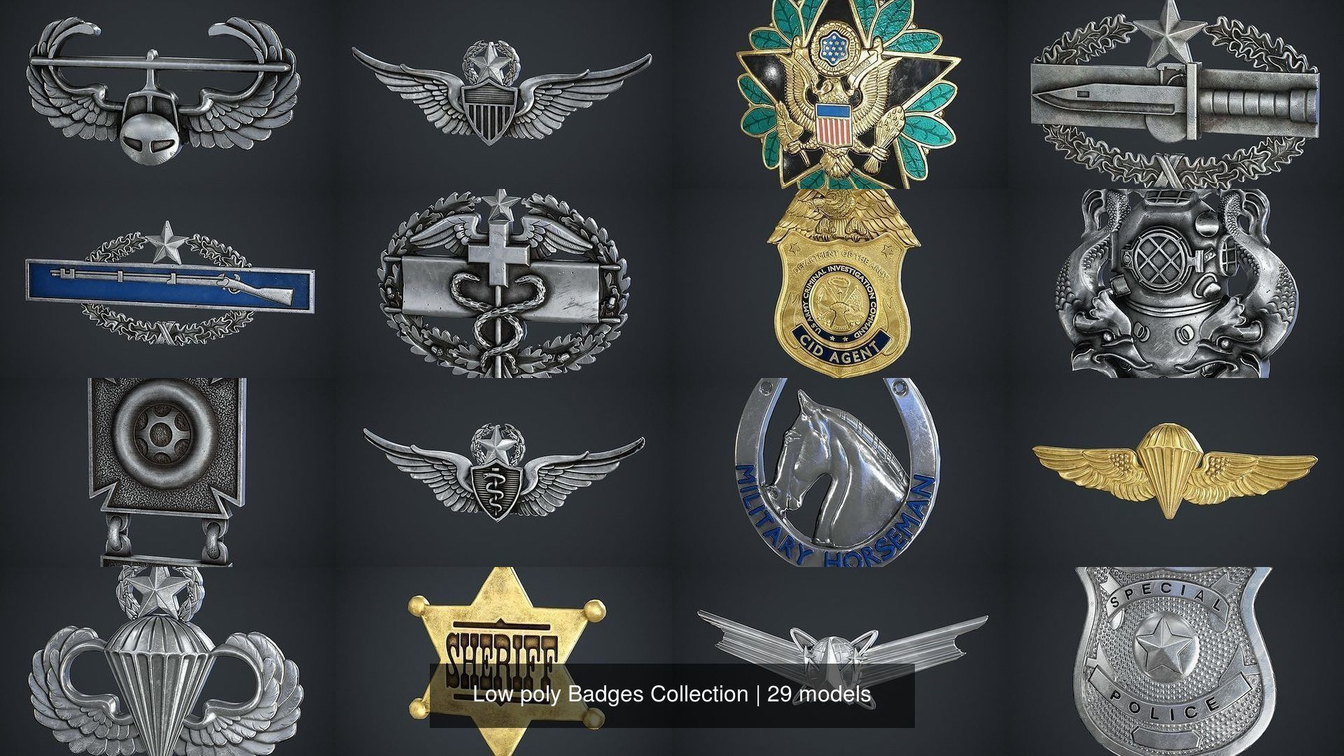 3D Model Collection Low poly Badges gold sheriff badge VR / AR / low ...