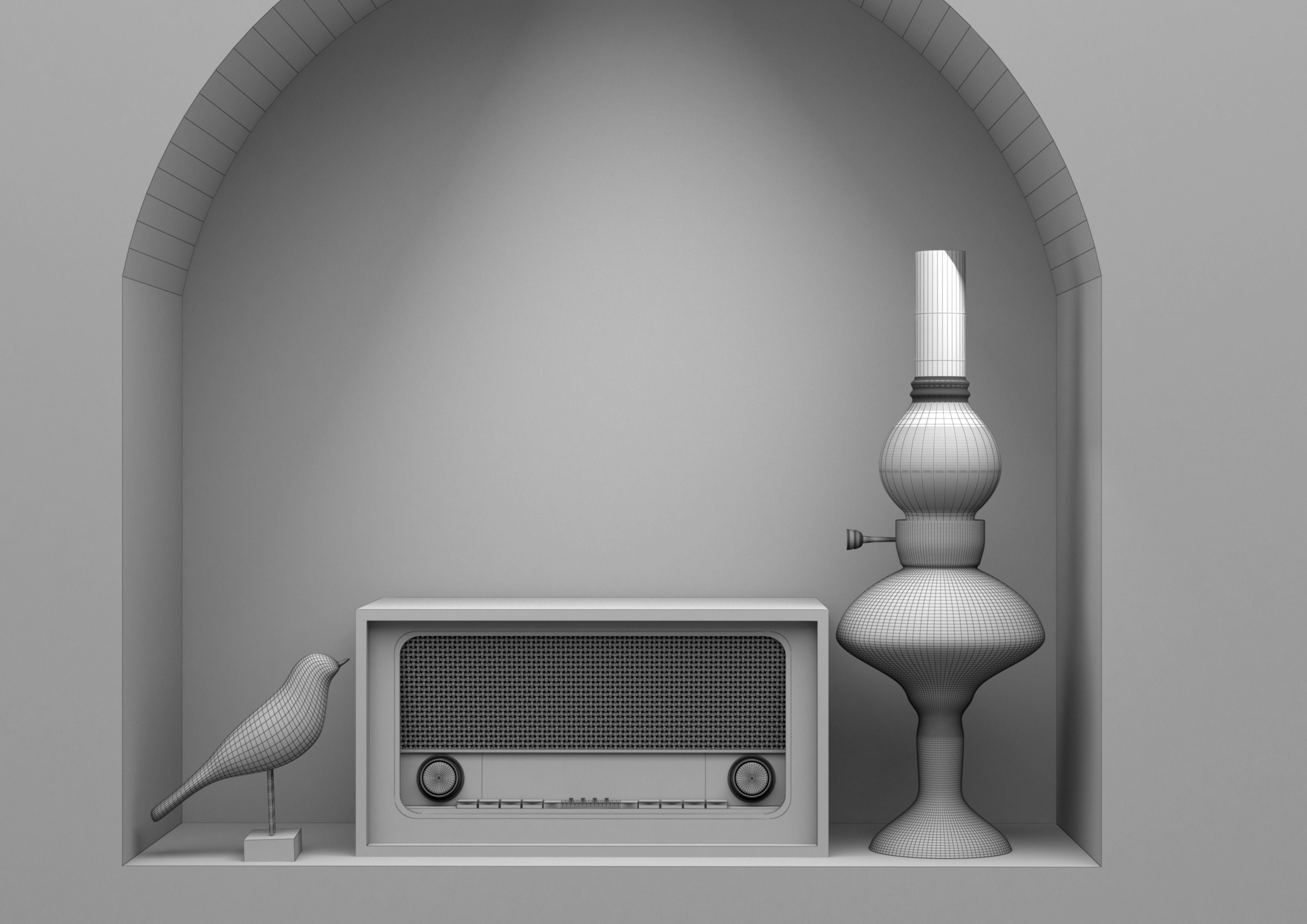 Radio and old lamp with bird statue 3D model | CGTrader
