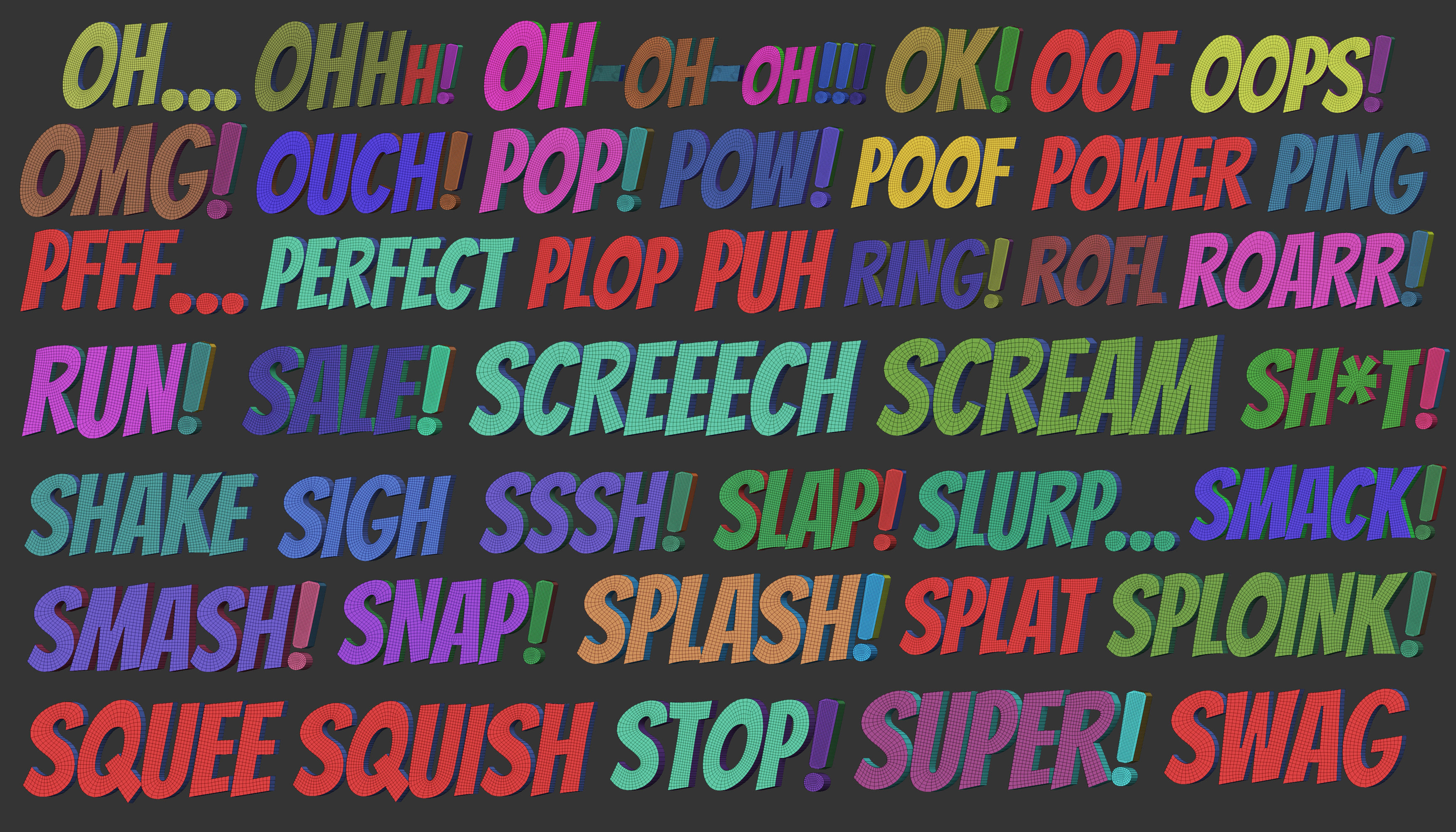 160 Low poly Zbrush IMM brush set of comic dialogue sound words 3D ...