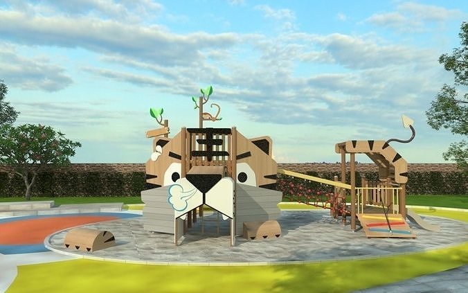 Kids outdoor tiger playset wood commercial play structure 3D model ...