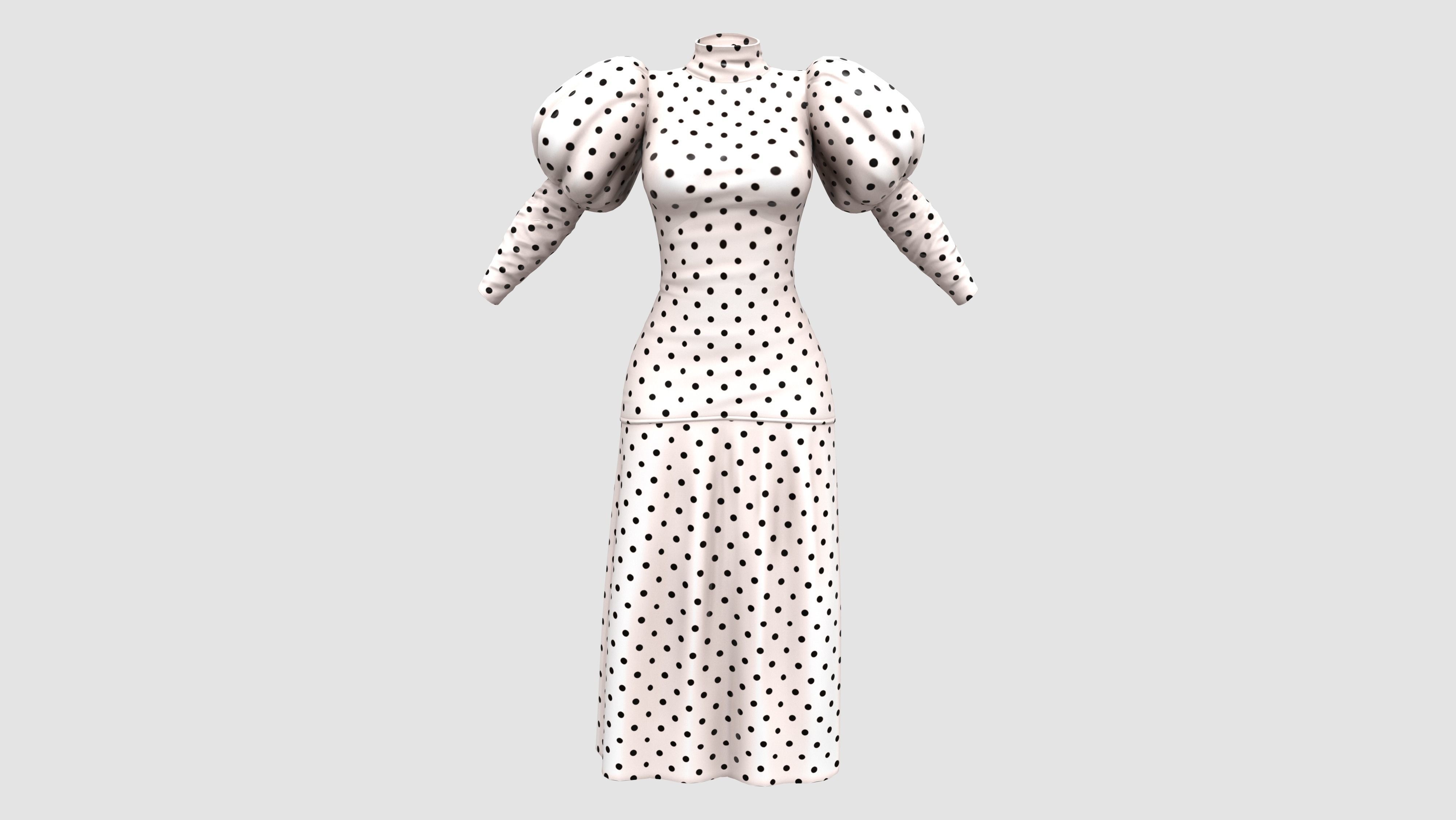 3D model Puffy Shoulders Backless Polka Dots Dress VR / AR / low-poly ...