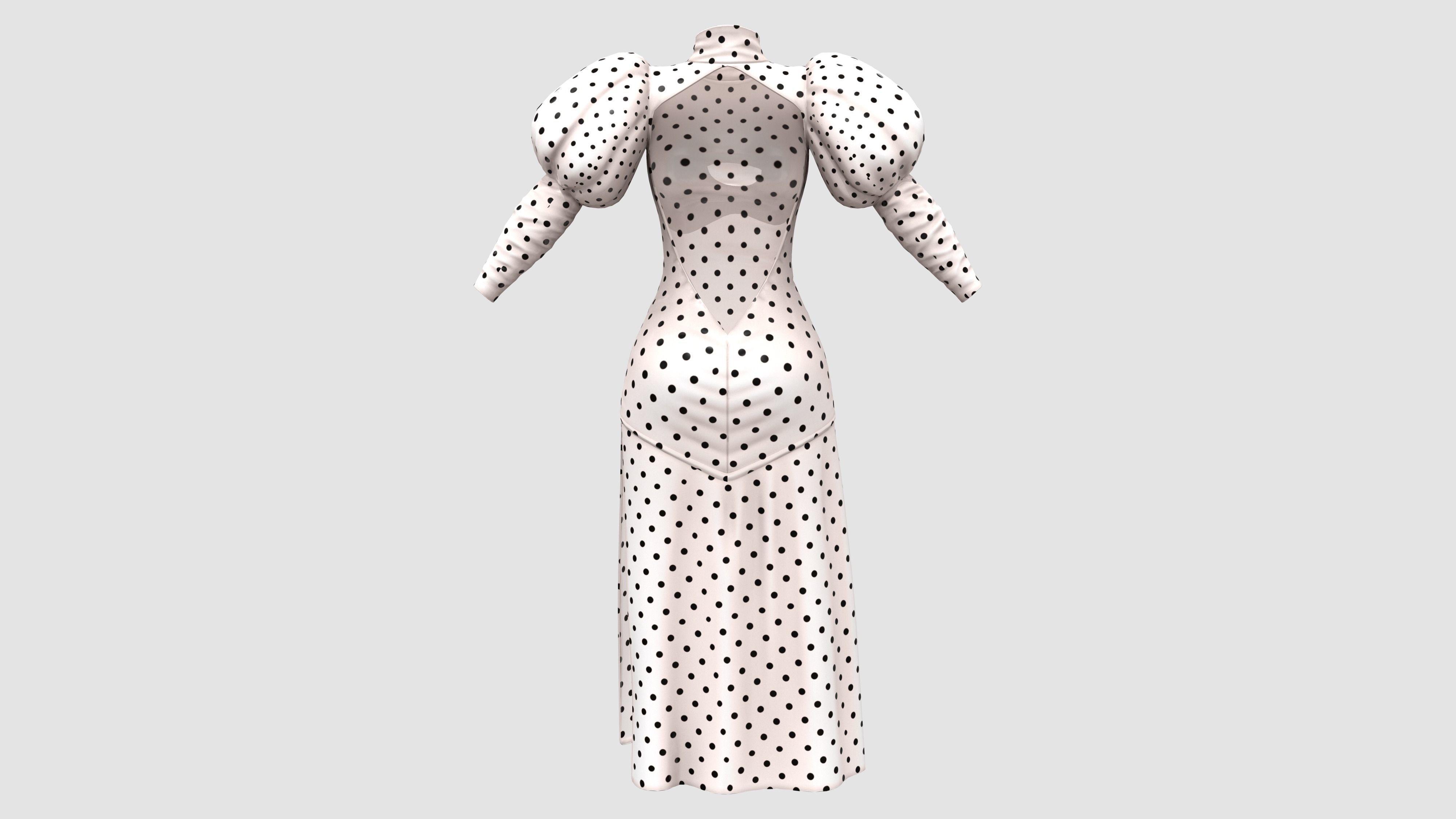 3D model Puffy Shoulders Backless Polka Dots Dress VR / AR / low-poly ...