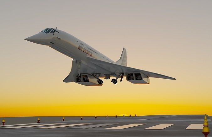 Concorde jet airplane taking off from runway at sunset 3D model rigged ...