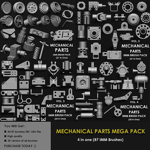 MECHANICAL PARTS MEGA PACK 4 IN ONE 87 BRUSHES 3D model | CGTrader