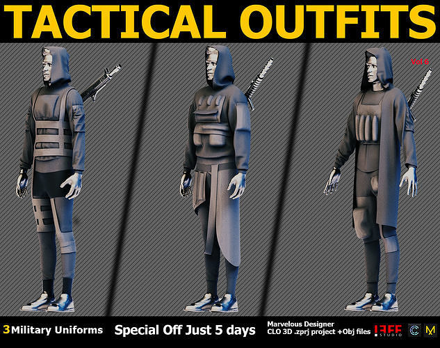 3D model 3 TACTICAL ARMY UNIFORMS Marvelous Designer and obj VR / AR ...
