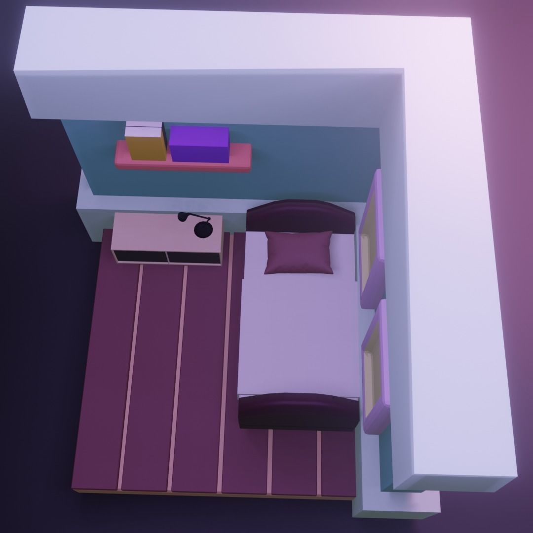 Low Poly Bedroom room with bed and bookshelf free 3D model | CGTrader