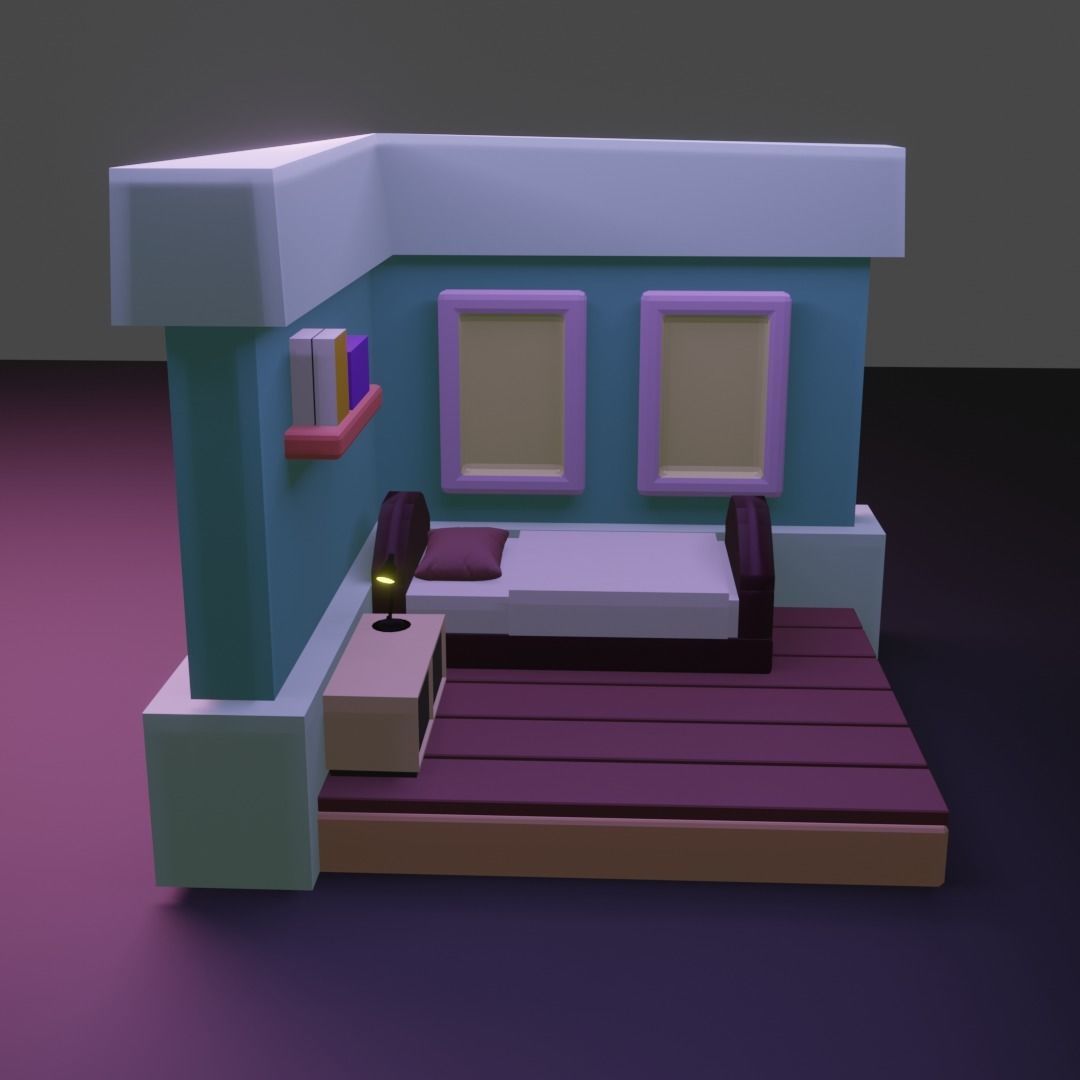 Low Poly Bedroom room with bed and bookshelf free 3D model | CGTrader
