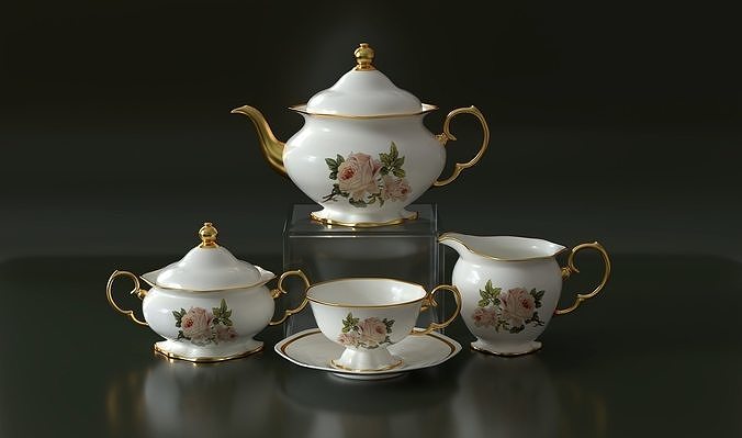Porcelain tea set with rosemies 3D model | CGTrader