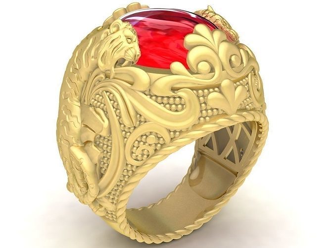 Oval Ruby Men Ring with two tigers fighting 3774 3D model 3D printable ...