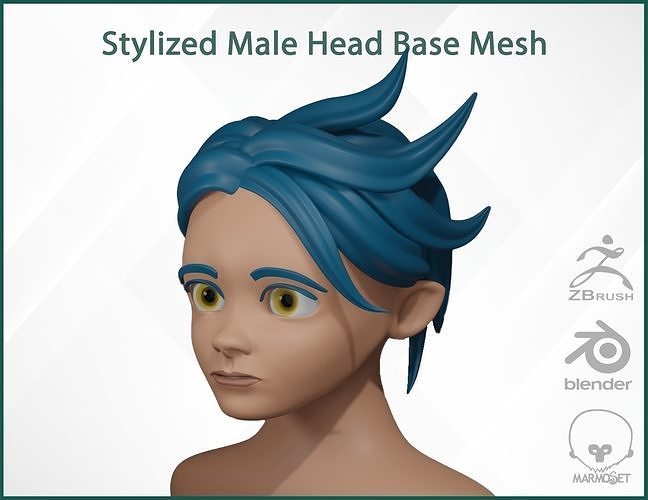3D model Male Head Stylized Base mesh with Hair in blender curve 3 VR ...