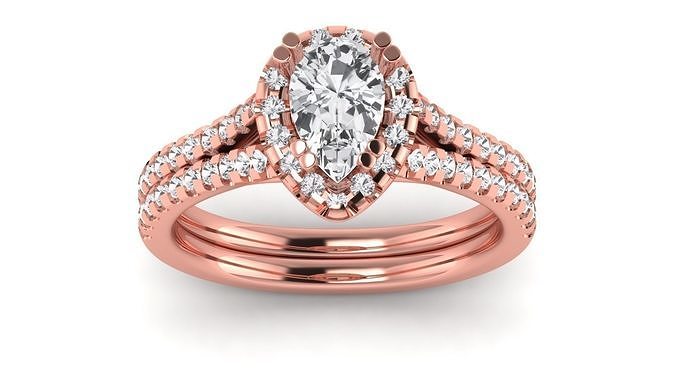 Solitaire Wedding Engagement Women Pear Halo Double Band Ring 3D model ...