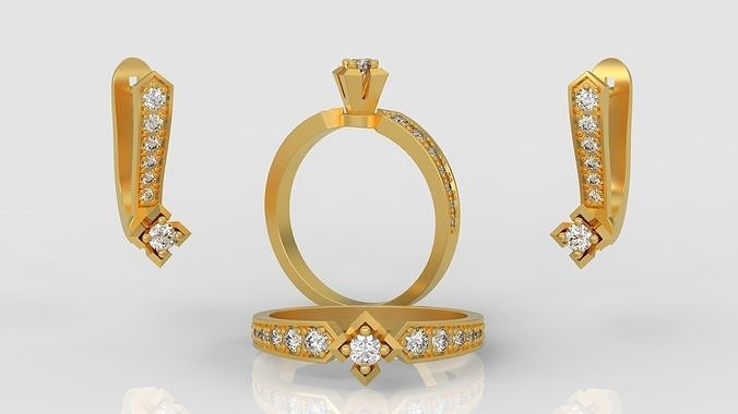 Ring and Earrings Diamond jewelry set 3d print model A63 3D model 3D printable | CGTrader