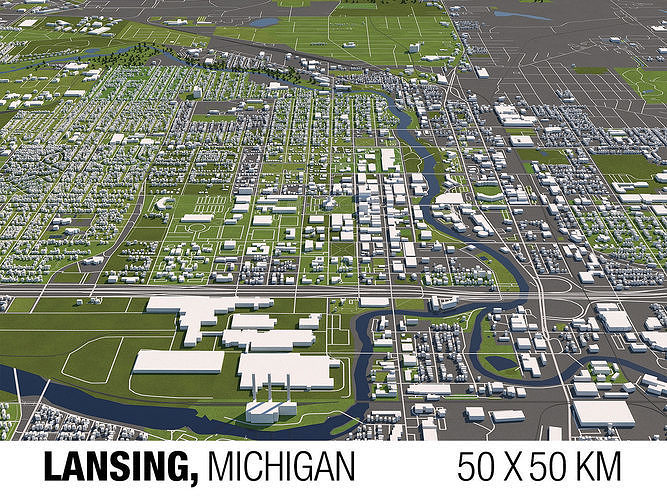 Lansing Michigan USA 50x50km 3D City Map 3D model | CGTrader