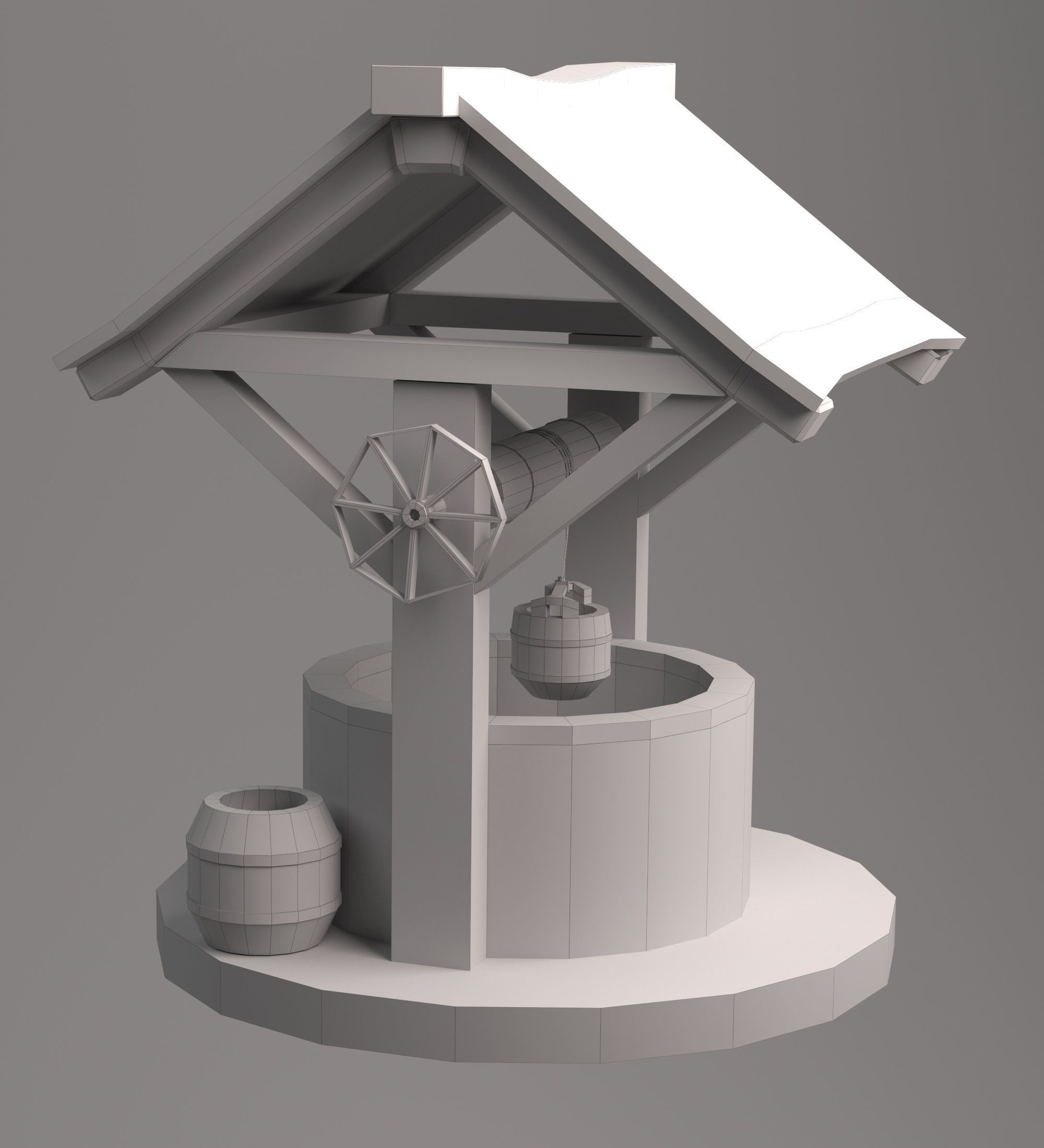 Low poly WELL water fountain with wooden roof free VR / AR / low-poly ...