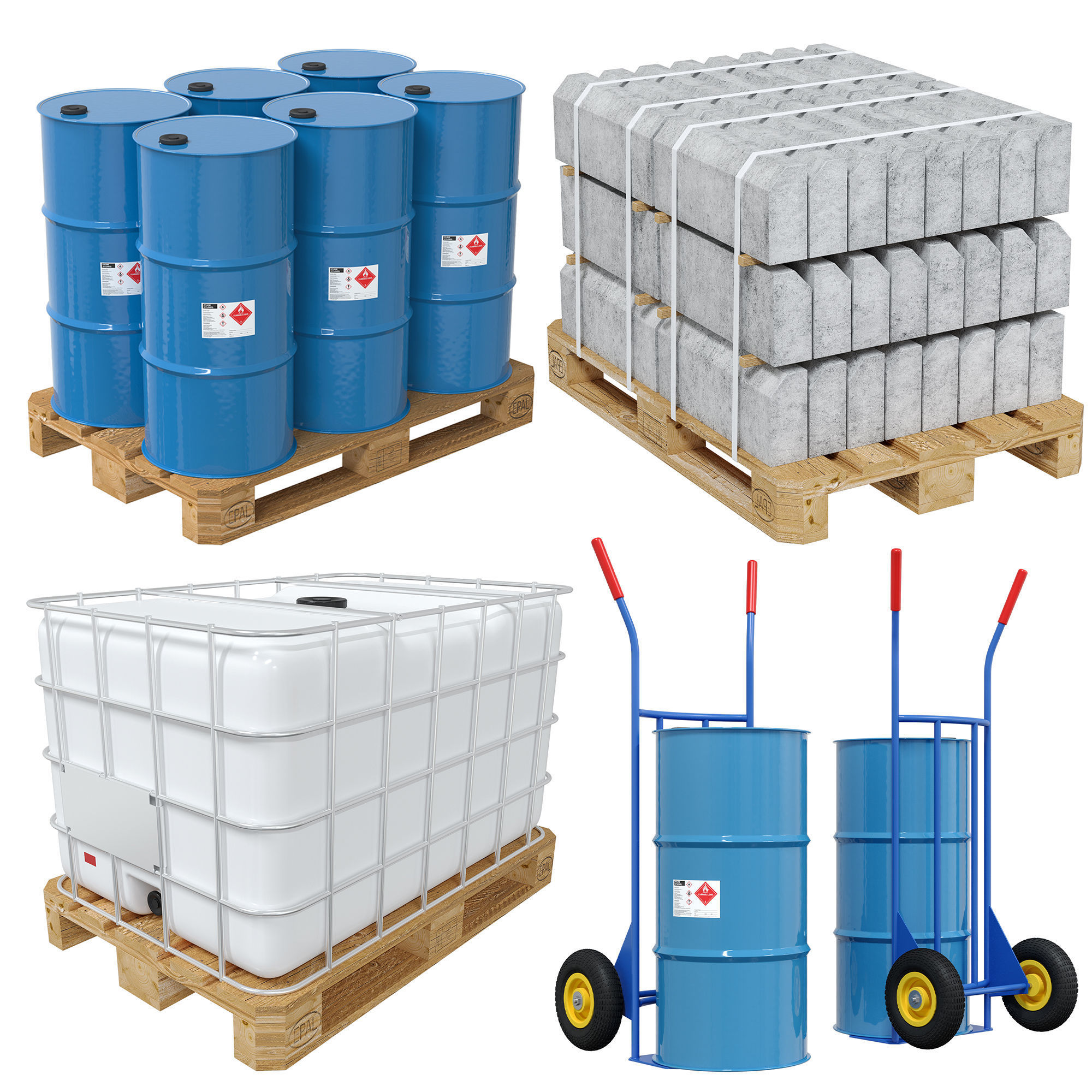 A set of pallets with different cargo and a trolley 3D model | CGTrader