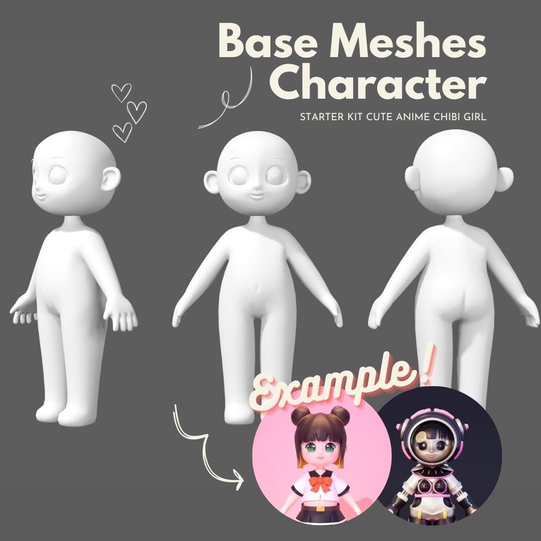 3D model Base Meshes Character Starter Kit Cute Anime Chibi Girl VR ...
