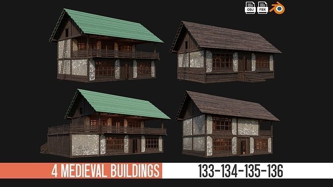 3D model 4 Old Medieval Building Pack 4K Textures GameReady 133 to 136 ...