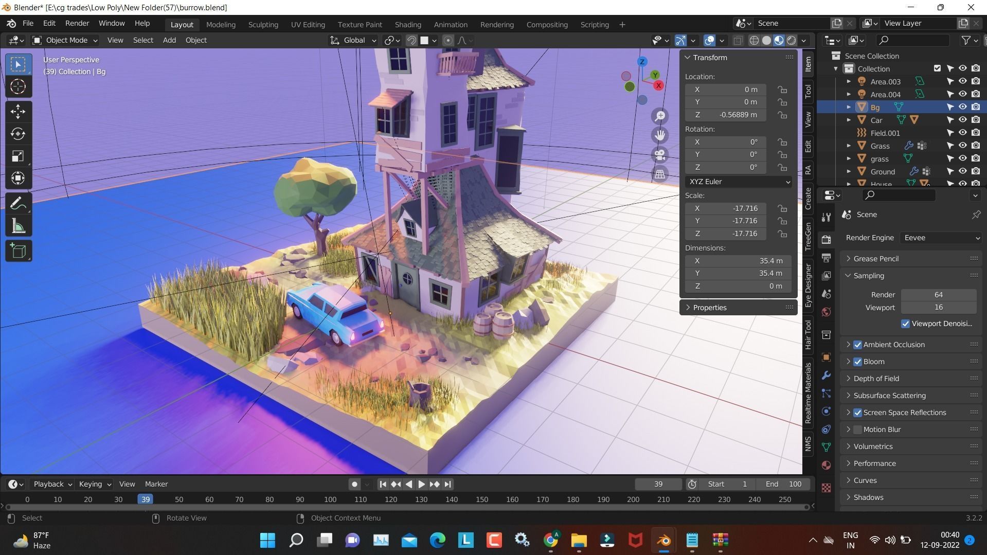 3D model Burrow House and tree and grass 3d Render in blender VR / AR ...