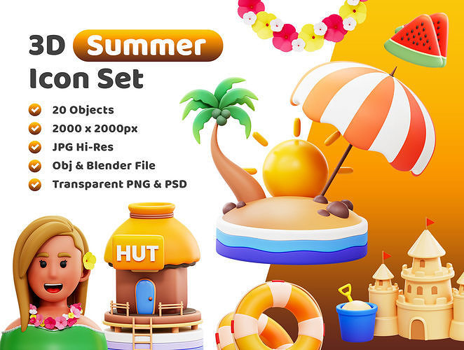 3D model Summer Icon Pack 3D Model VR / AR / low-poly | CGTrader