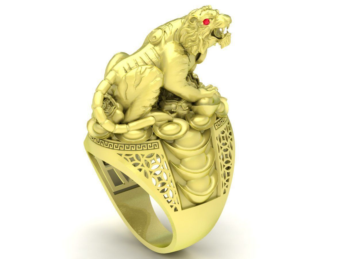 Lucky Tiger keep Chinese Gold bar and Coins men ring 3854 3D model 3D ...