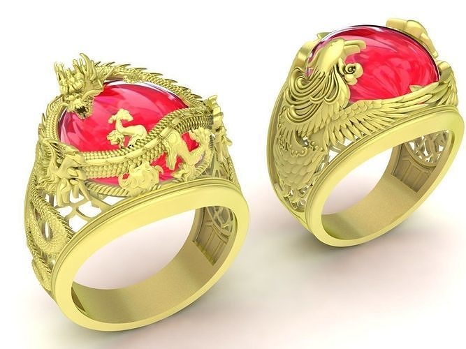 Set Oval Ruby Chinese Dragon and Phoneix Ring 3871 3D model 3D ...