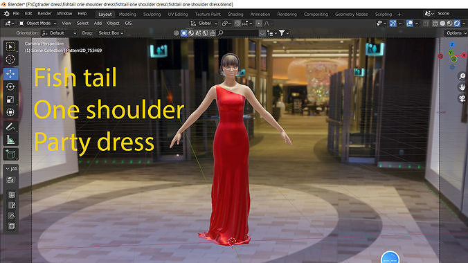 3D model Fishtail one shoulder red silk party dress VR / AR / low-poly ...