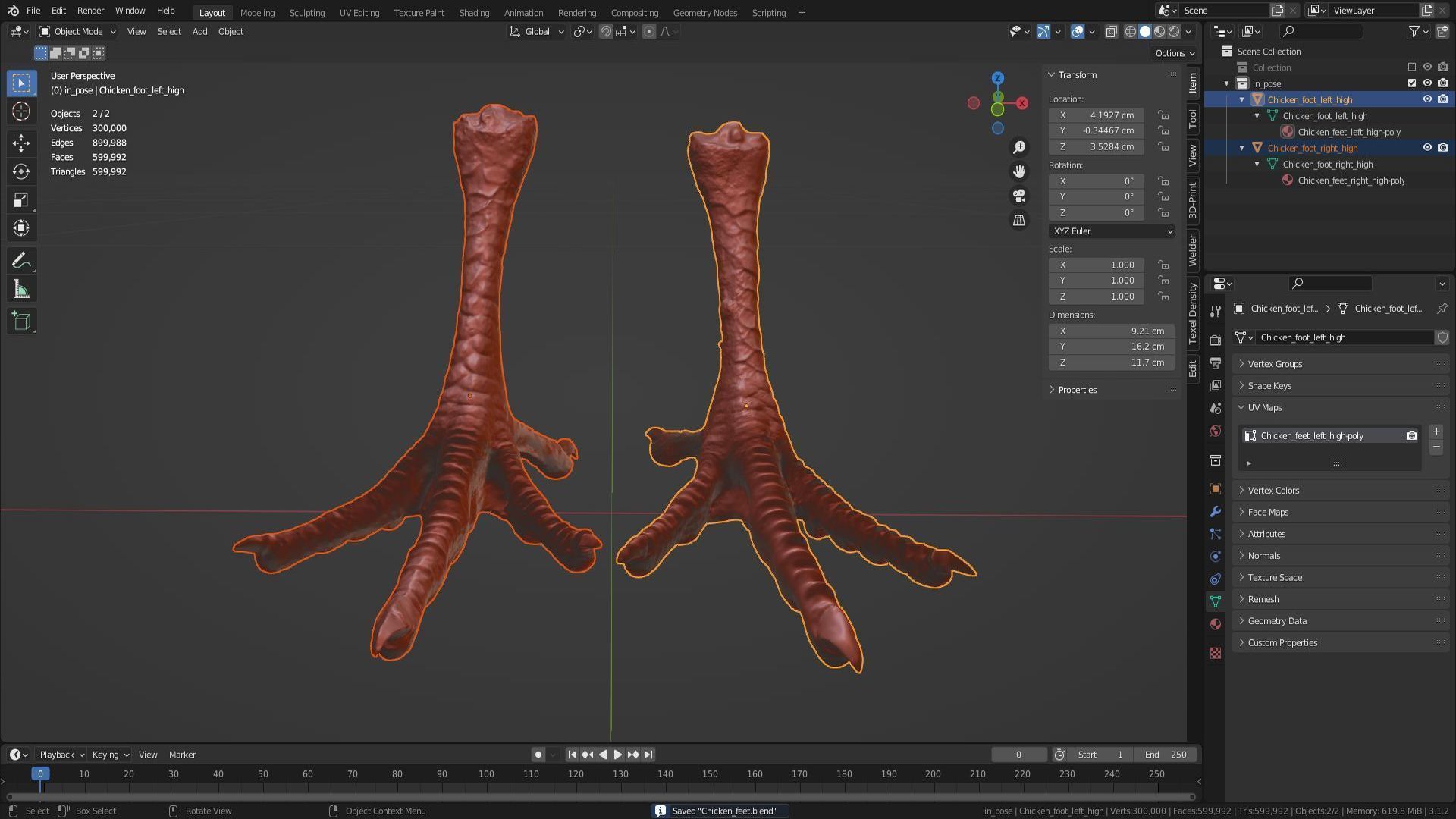 Pair chicken feet high-poly 3D model | CGTrader