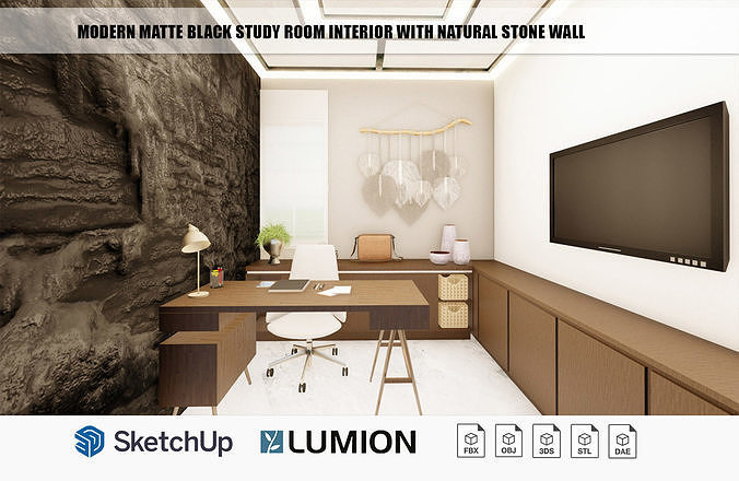 Modern matte black study room interior with natural stone wall 3D model | CGTrader