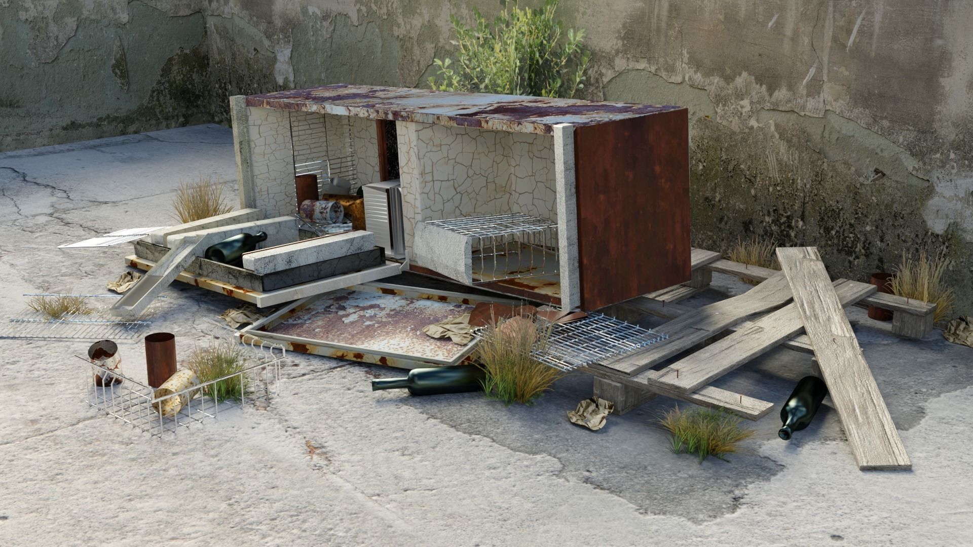 3D model Postapocalyptic trash pile of broken rusted fridge VR / AR ...