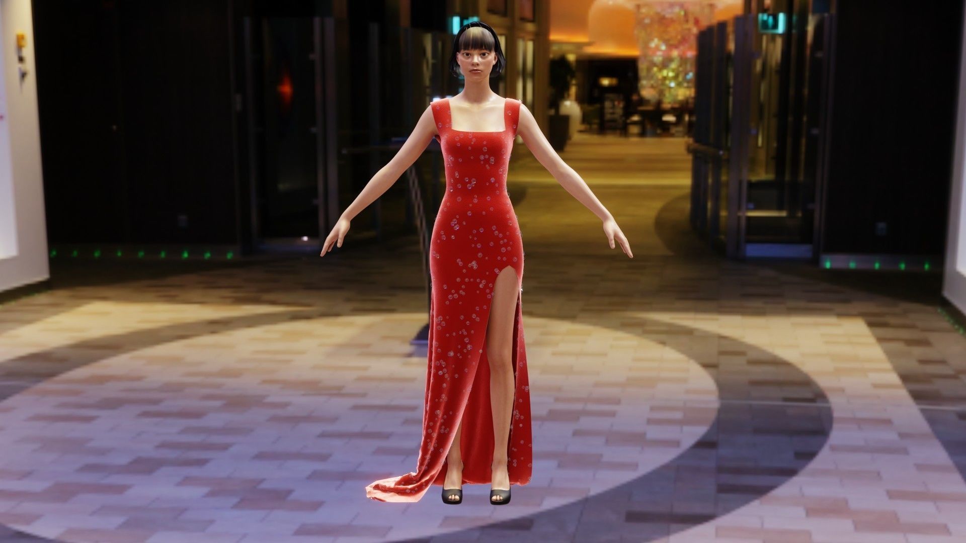 3D model Shinning crystal velvet-fishtail-high split party dress VR ...