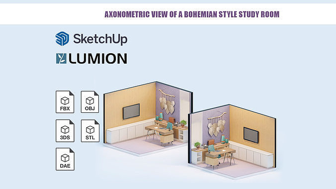 Axonometric view of a Bohemian style study room 3D model | CGTrader