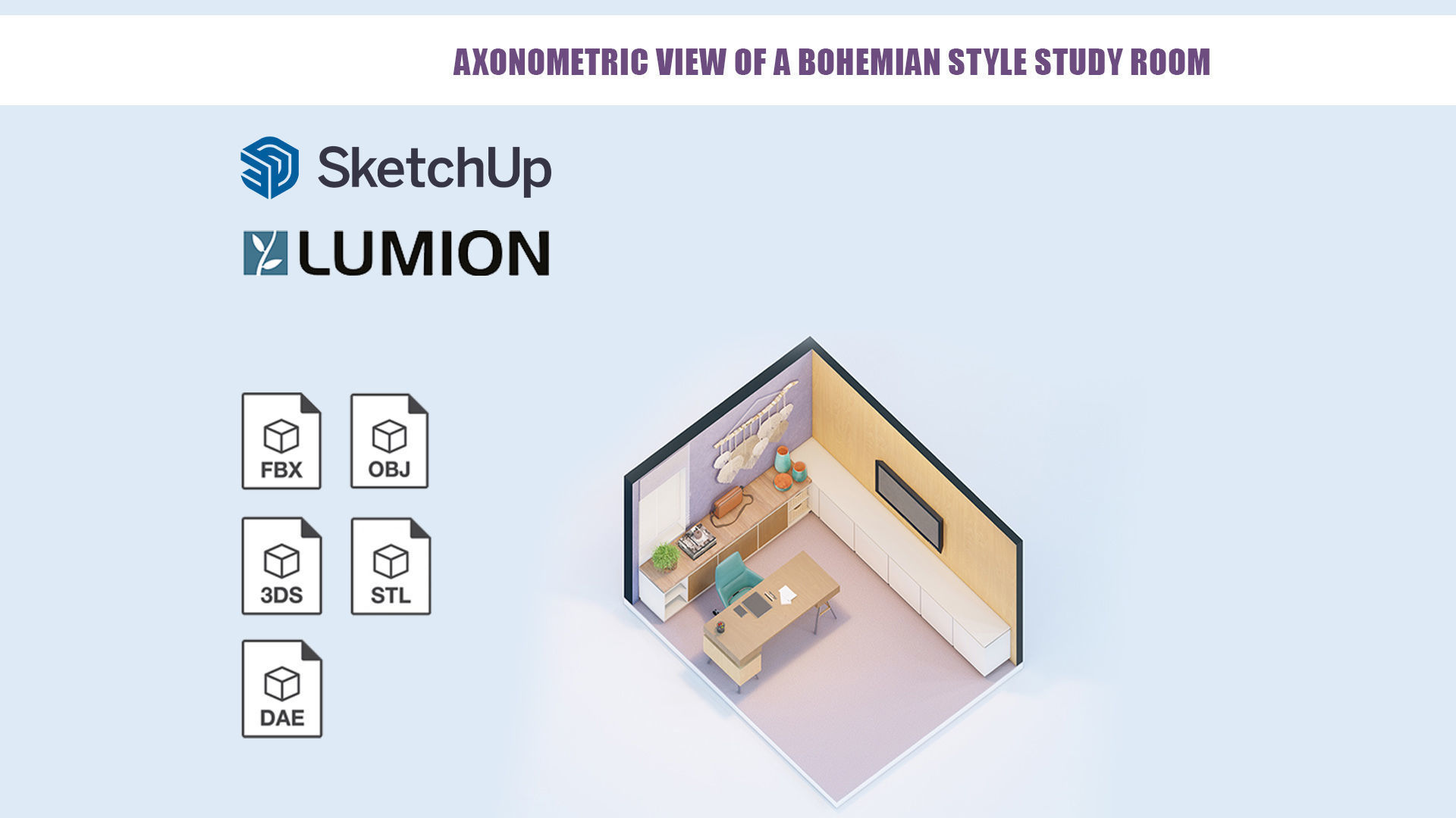 Axonometric view of a Bohemian style study room 3D model | CGTrader