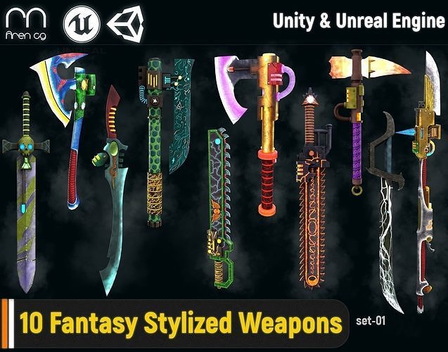 3D model Fantasy Stylized Weapons-01 Unity and Unreal engine package VR ...