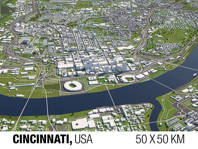 Cincinnati 50x50km 3D City Map 3D model | CGTrader