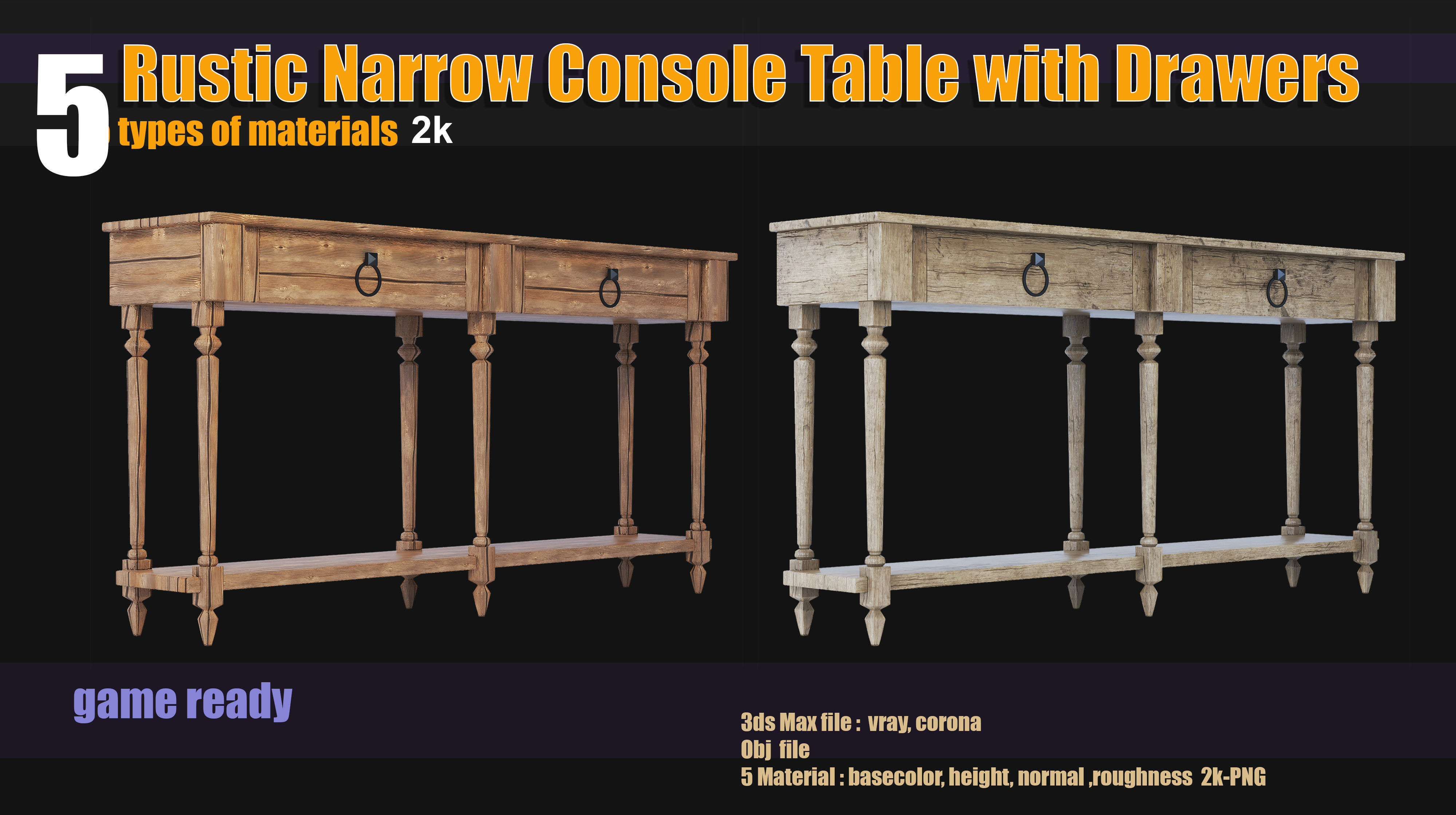 Rustic Narrow Console Table with Drawers 3D model | CGTrader